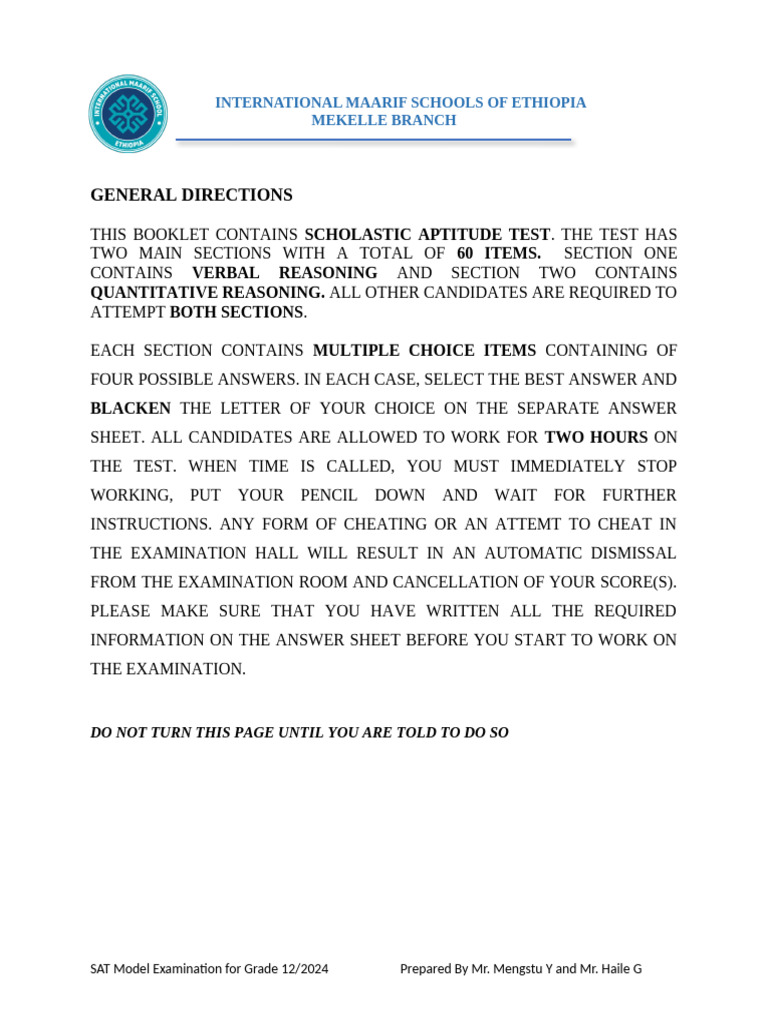 Grade 12 SAT Model Exam Guide | PDF | Sat