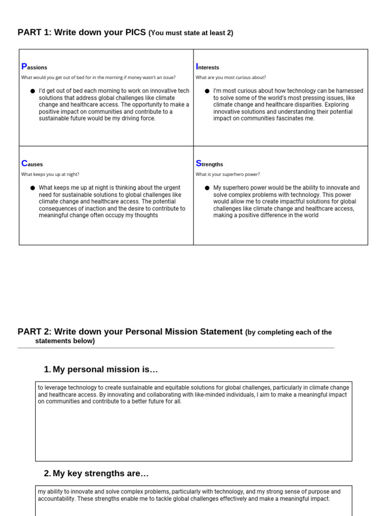 PICS and Personal Mission Statement Worksheet - ALX Professional ...
