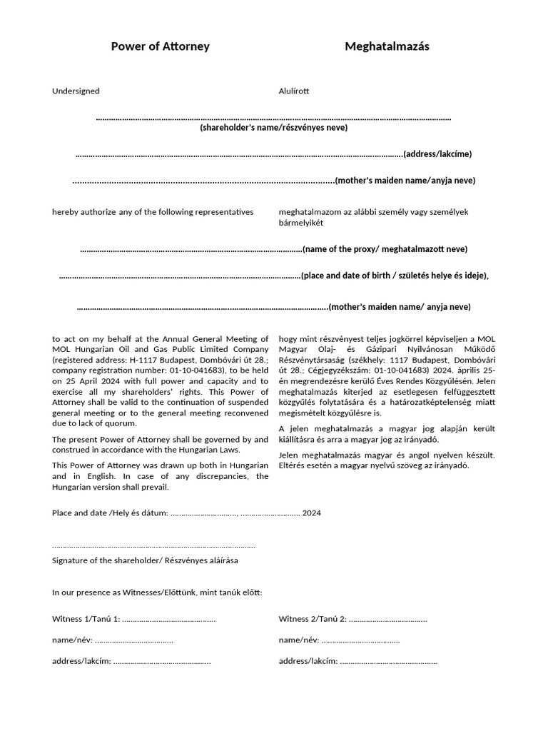 Angol Nyelvu Meghatalmazas Minta Maganszemelyek Reszere 2024 Agm.doc | PDF