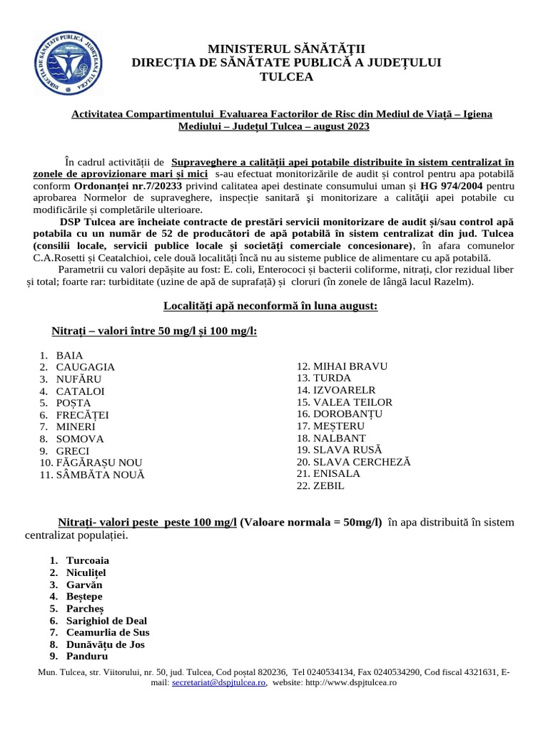 Raport Calitate Apa August 2023 | PDF