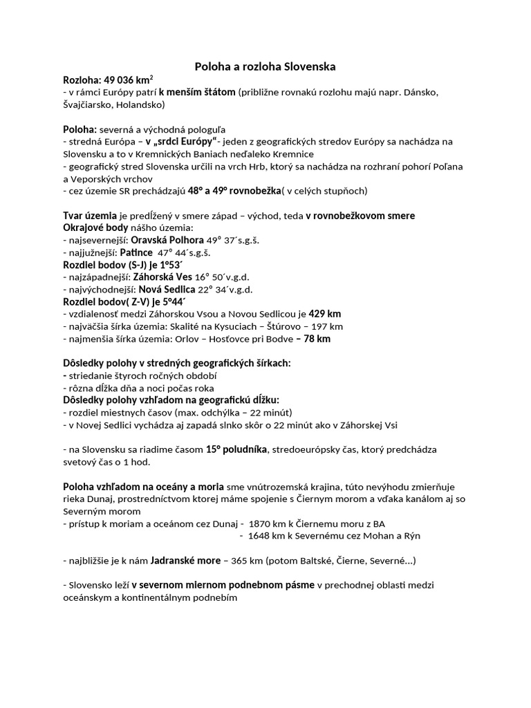 Poloha, Rozloha A Hranice SR | PDF
