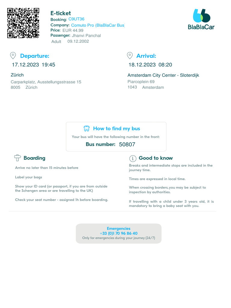 Blablacar Bus - Swiss To Amsterdam Ticket | PDF