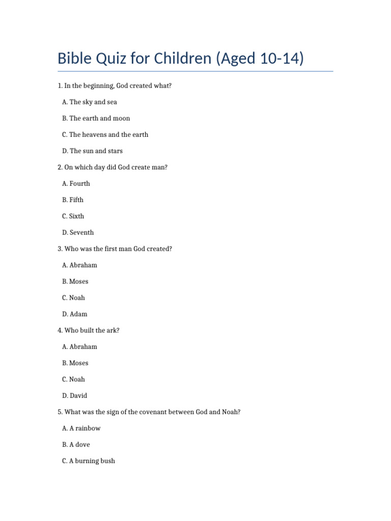 Bible - Quiz - Questions Kids Church | PDF