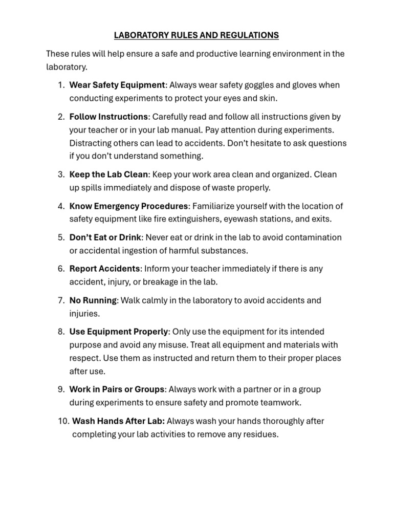 Laboratory Rules and Regulations | PDF | Self-Improvement