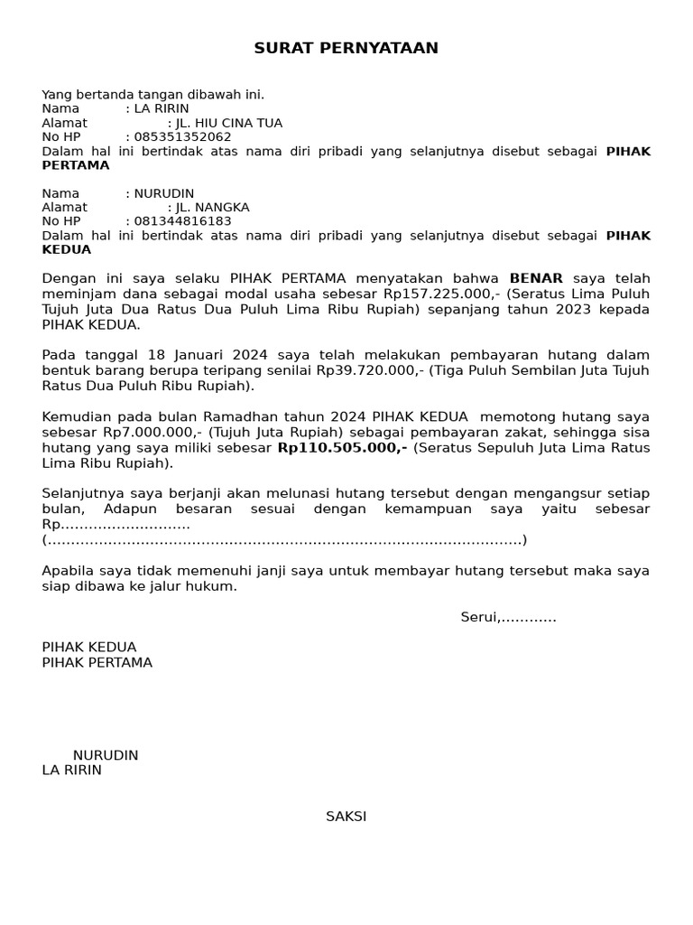 Surat Pernyataan La Ririn | PDF