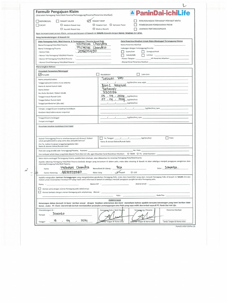 Form. Pengajuan Klaim A.N Nicholas Chandra 2018015490 (Ludison) | PDF