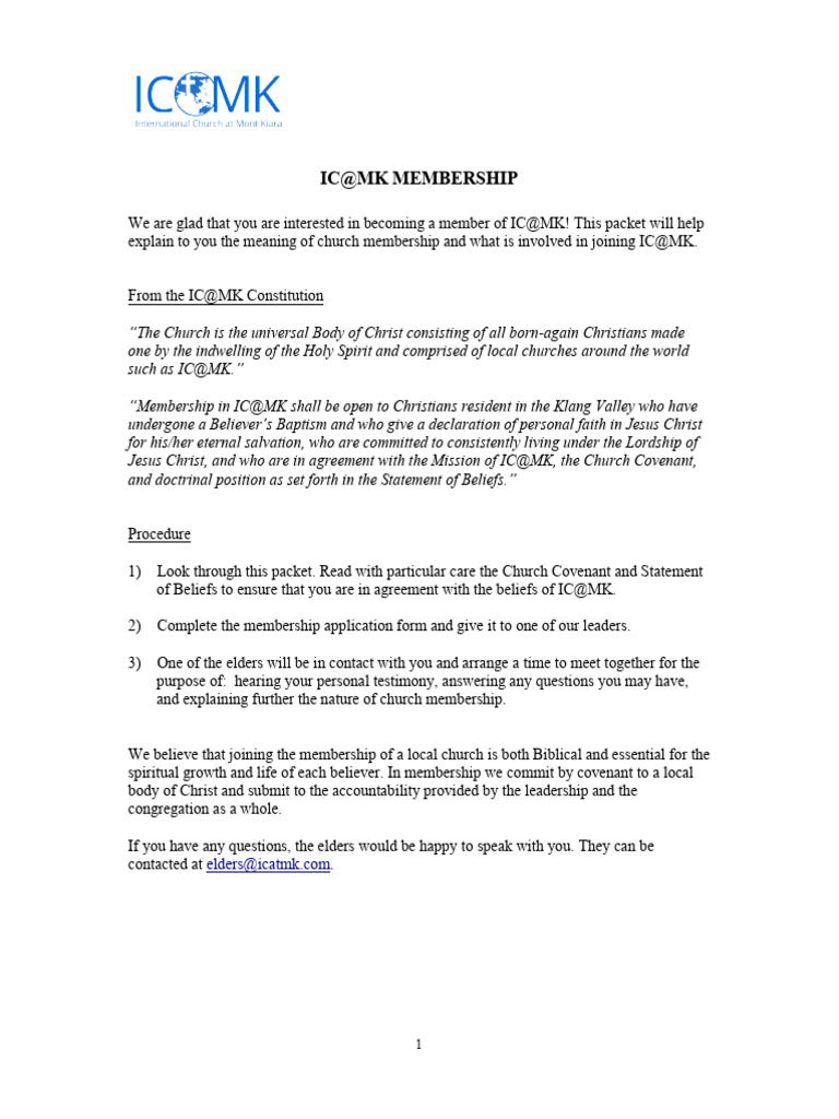 IC@MK Membership Form 032019 | PDF | Grace In Christianity | Baptism