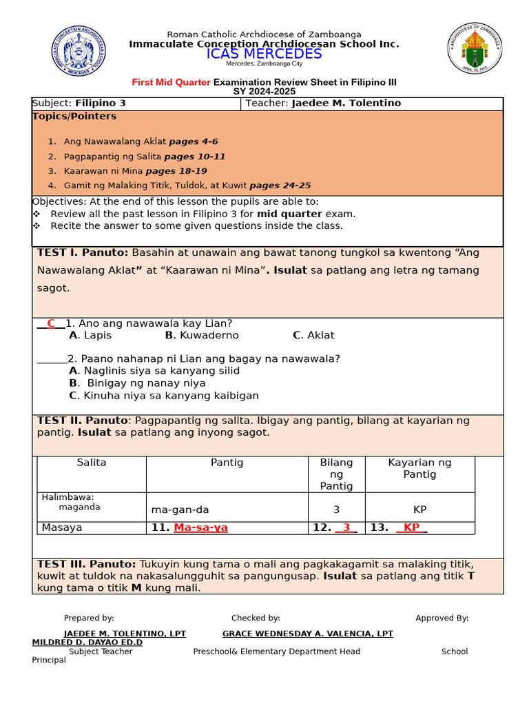 Filipino 1ST Mid Quarter Reviewer | PDF