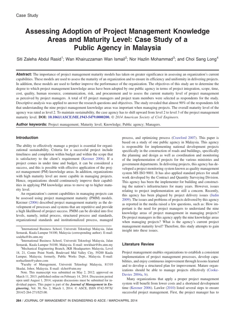 Assessing Adoption of Project Management Knowledge Areas and Maturity Level Case Study of A ...