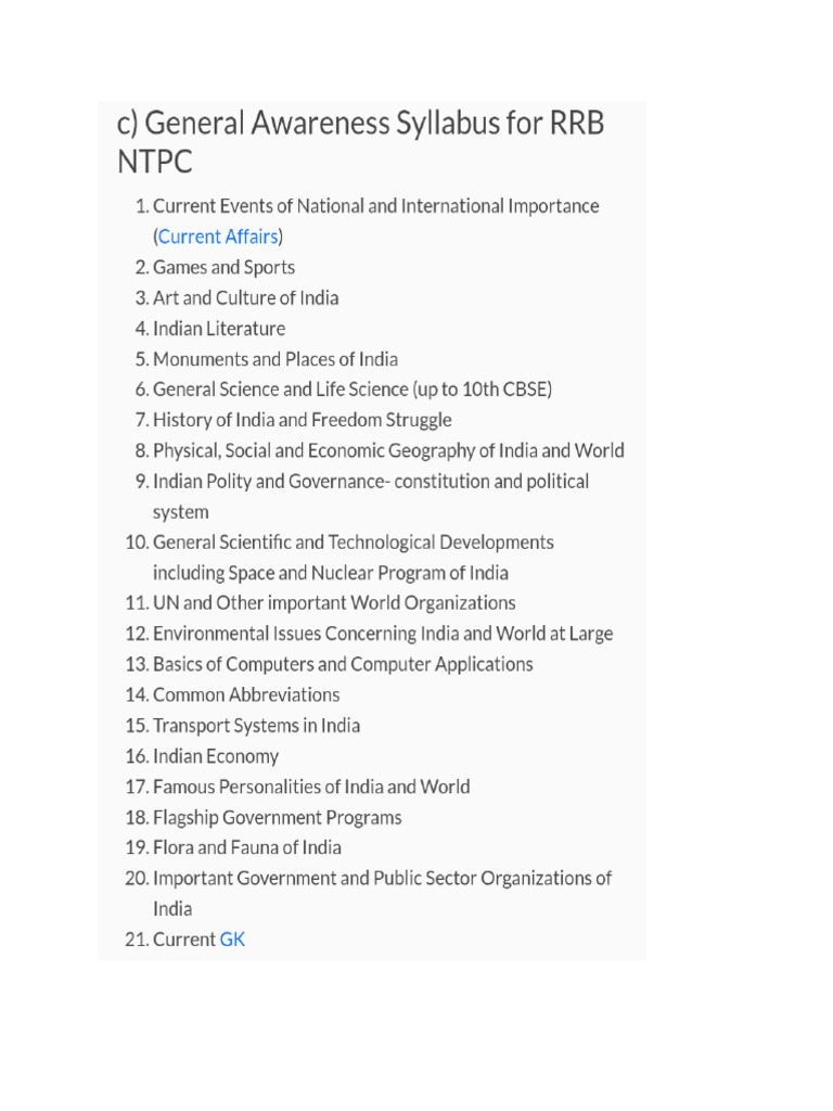 General Awareness Syllabus For RRB NTPC Exam 2024 | PDF