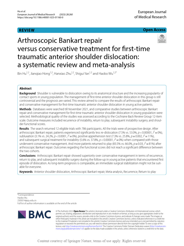 Arthroscopic Bankart Repair Versus Conservative TR | PDF | Systematic ...