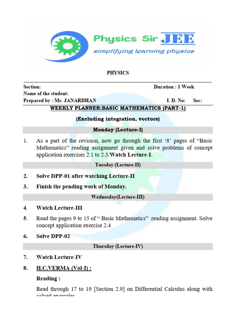 Weekly Planner: Basic Mathematics Guide | PDF