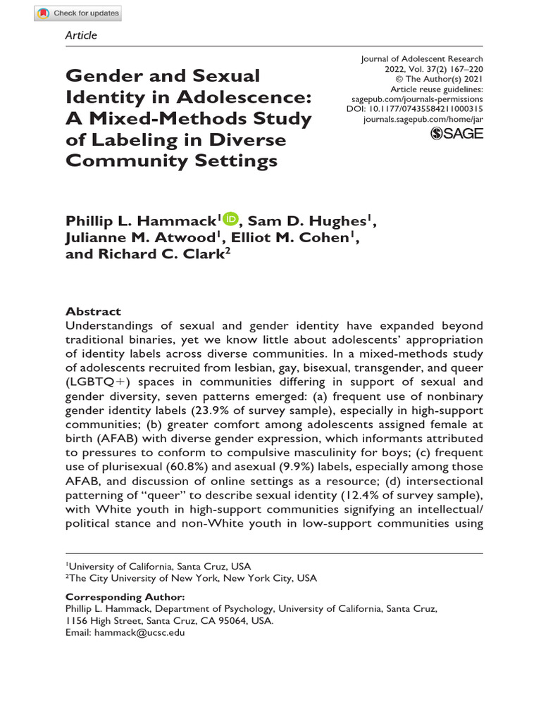 Hammack Et Al 2021 Gender and Sexual Identity in Adolescence A Mixed ...
