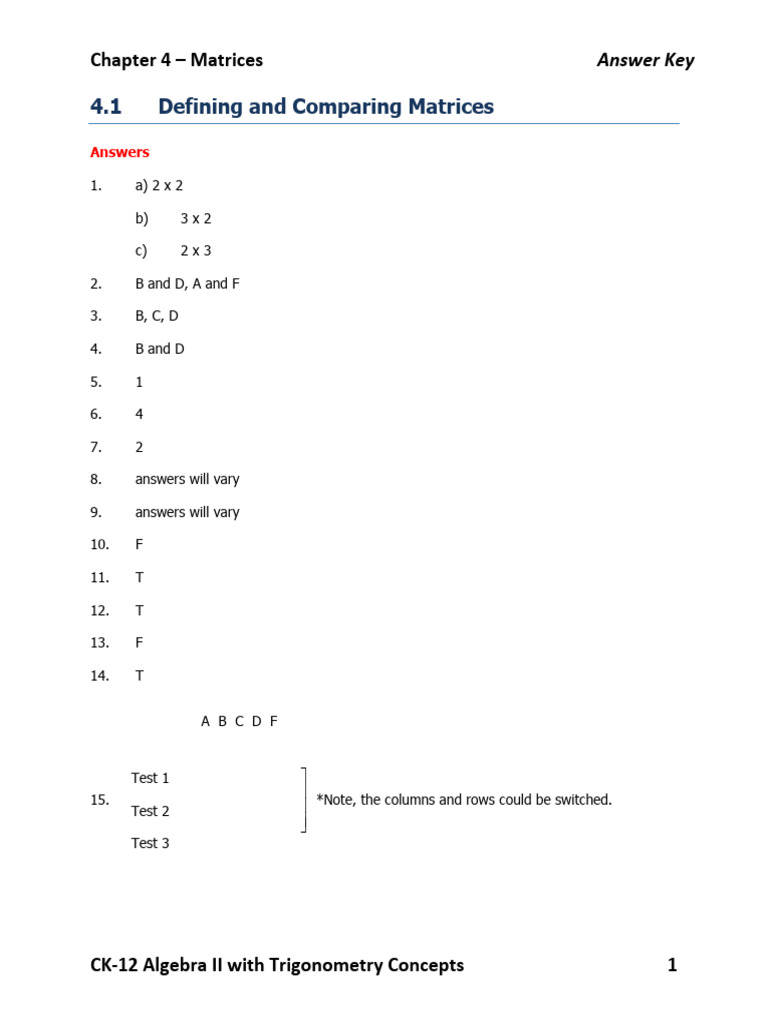 Answer Key - CK-12 Chapter 04 Algebra II With Trigonometry Concepts (Revised) | PDF