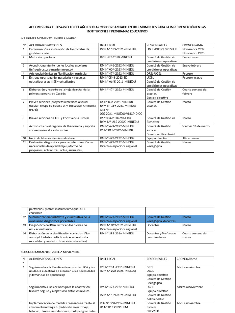 ACCIONES PARA EL DESARROLLO DEL AÑO ESCOLAR 2023-dayse | PDF
