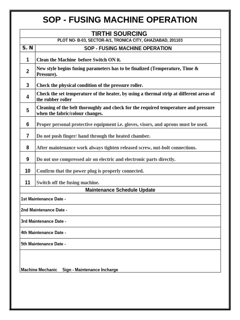 Sop - Fusingh Machine Operation | PDF