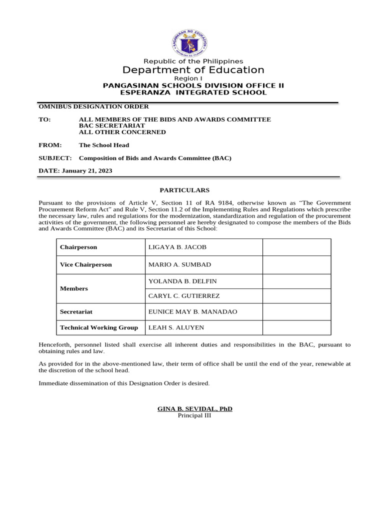 BAC-Omnibus-Designation-Order - Esperanza-IS - Elem 2023 | PDF