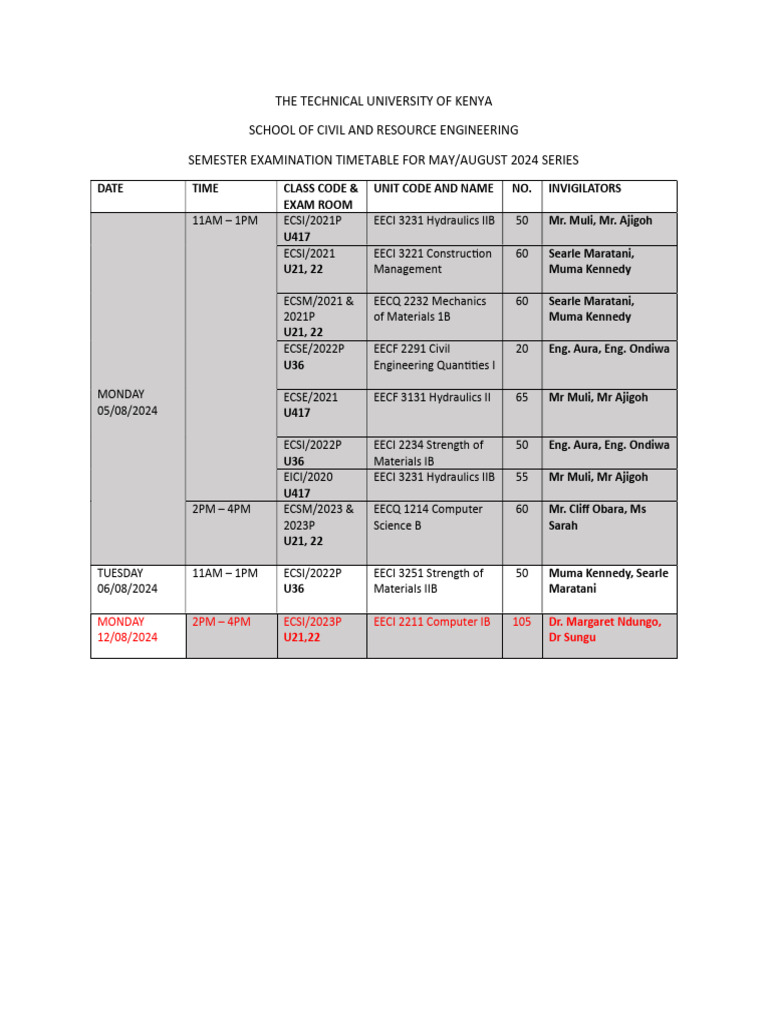 Final Main Examination Timetable (May - August 2024 Series) | PDF