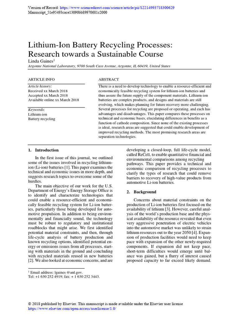 Lithium-Ion Battery Recycling Processes Research Towards A Sustainable ...