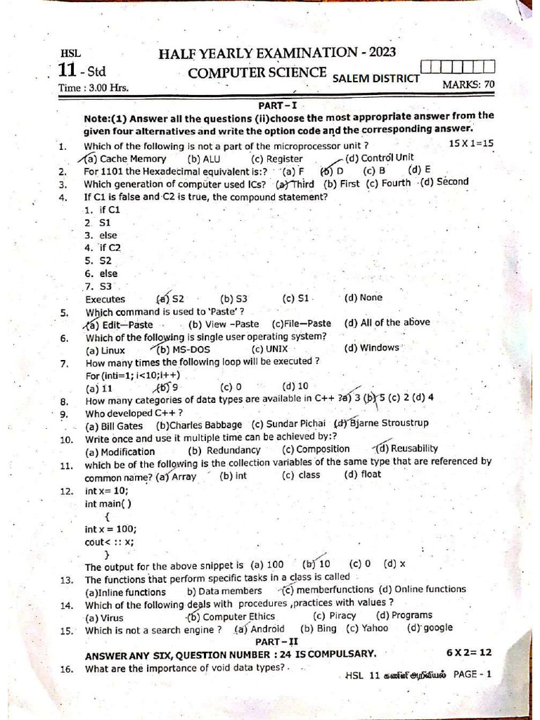 11th Computer Science EM Half Yearly Exam 2023 Question Paper Salem ...