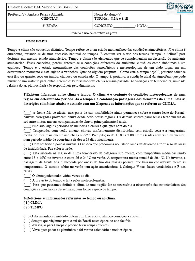 Prova 8 Ano Ciencias | PDF