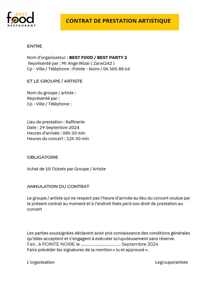Contrat de Prestation Artistique PDF | PDF