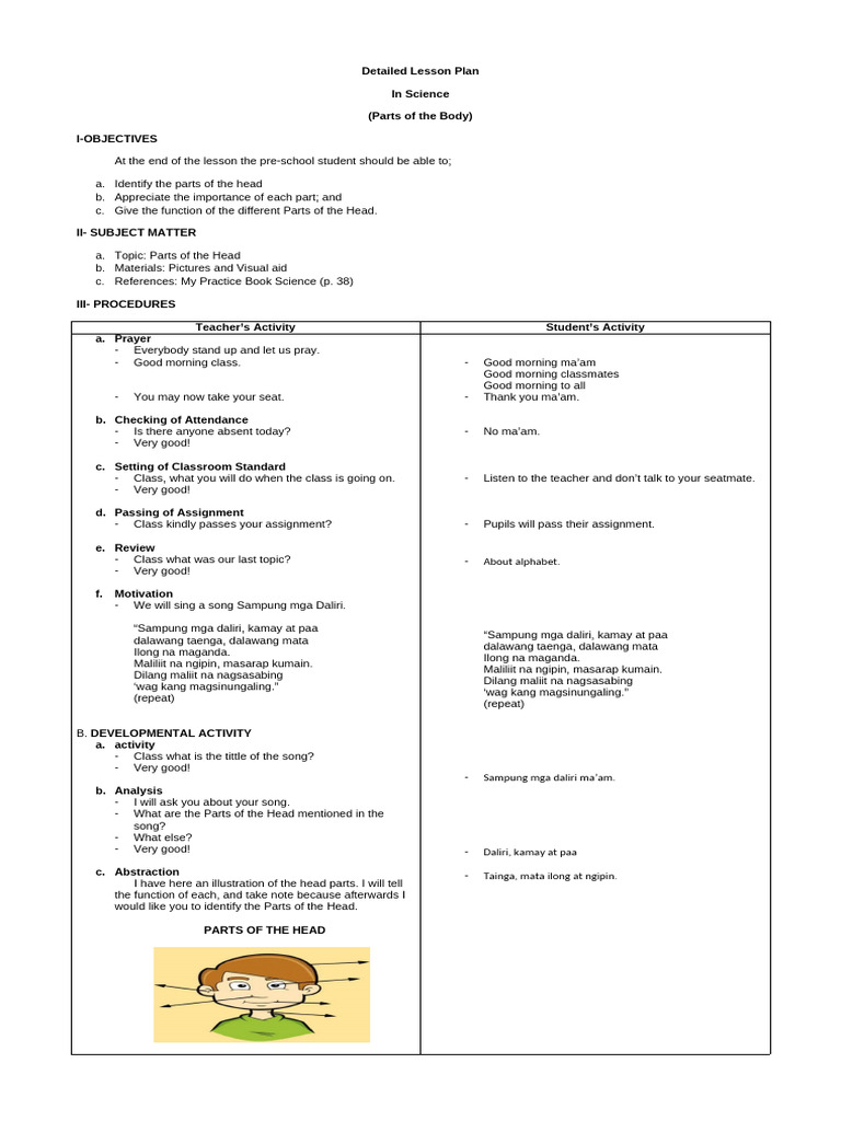 Lesson Plan on Parts of the Head | PDF | Behavior Modification | Cognition