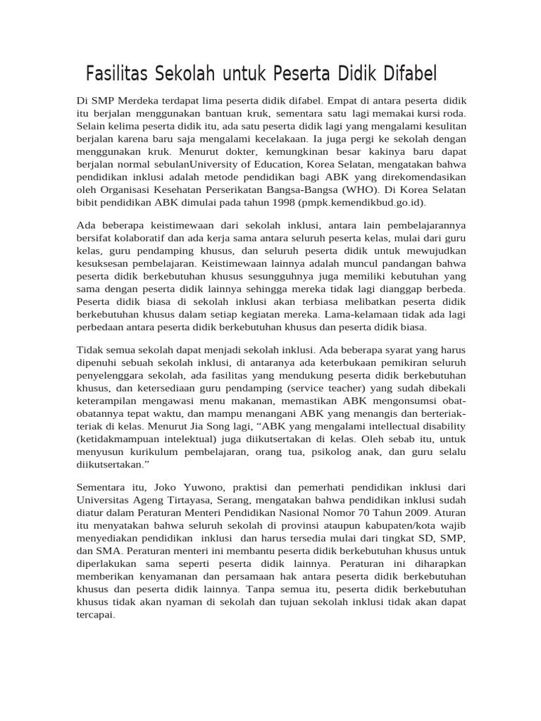 Fasilitas Sekolah Untuk Peserta Didik Difabe1 | PDF