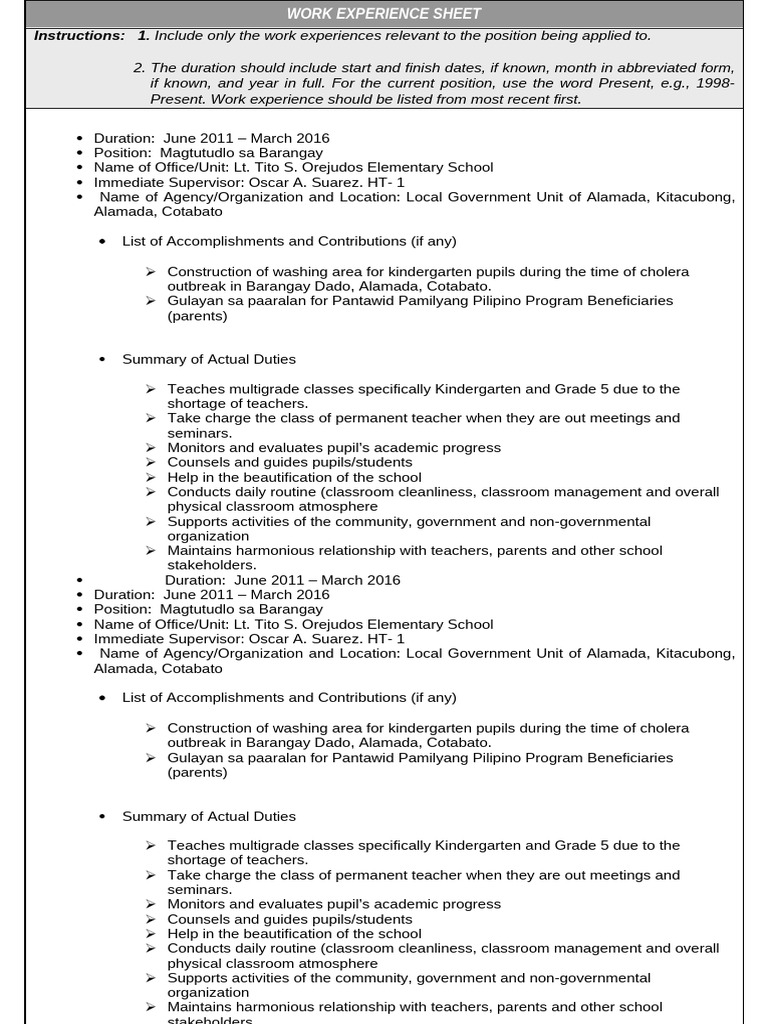 CS Form No 212 Work Experience Sheet | PDF | Teachers | Science ...
