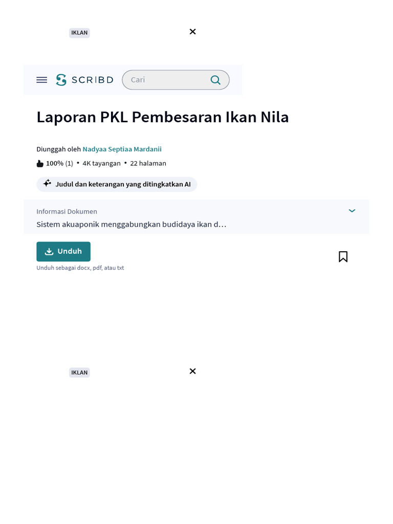 Laporan PKL Pembesaran Ikan Nila - PDF | PDF