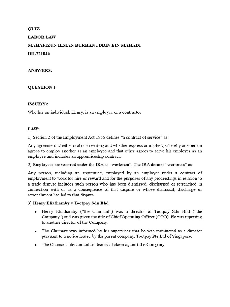 Quiz Labor Law | PDF