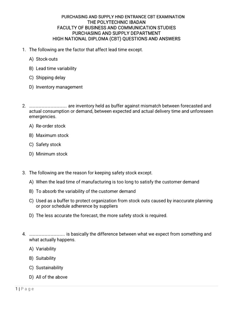 Purchasing and Supply Past Question HND | PDF