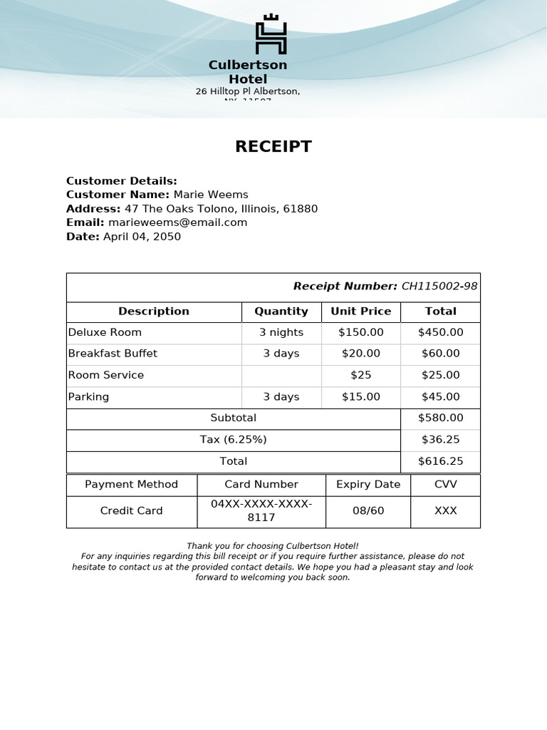 Hotel Bill Receipt Template | PDF