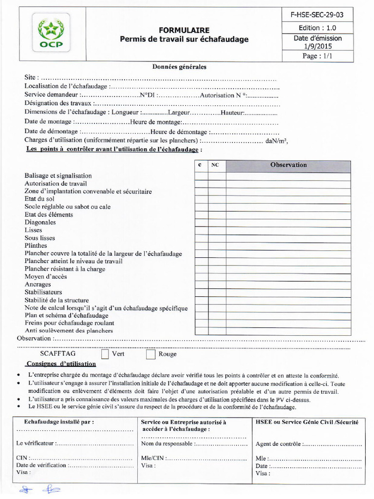 Formulaire Permis de Travail Sur Échafaudage | PDF