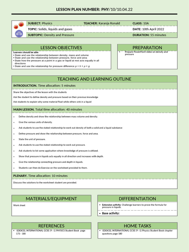 Lesson Plan Phy Y10 - Density - Pressure | PDF