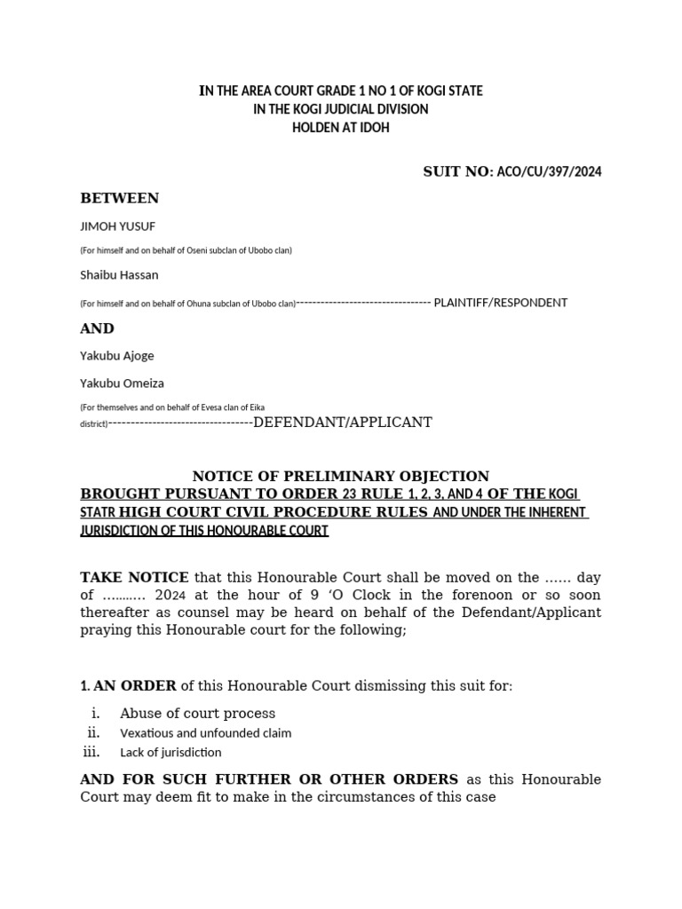 PRECEDENT-NOTICE-OF-PRELIMINARY-OBJECTION-SAMPLE-1 | PDF
