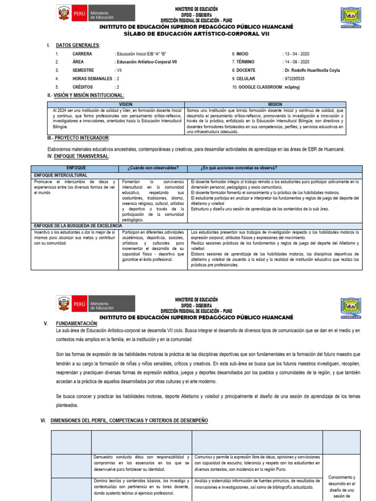 Sílabo Educación Artístico-Corporal VII DR Rodolfo Huarilloclla Coyla ...