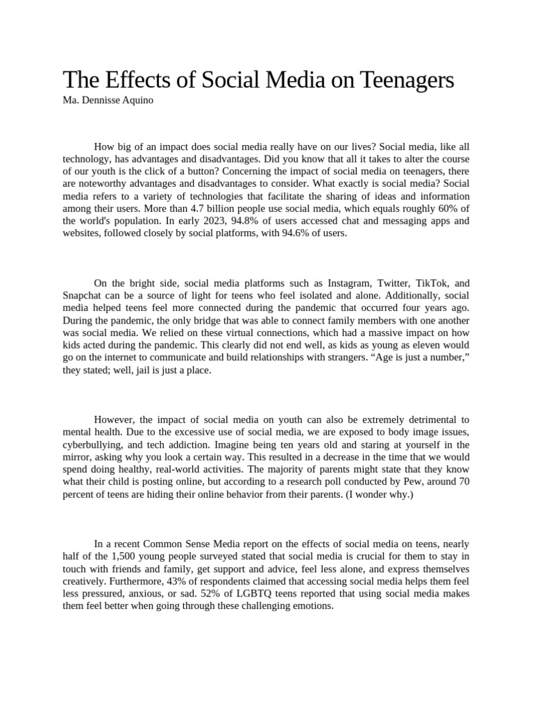 The Effects of Social Media On Teenagers | PDF