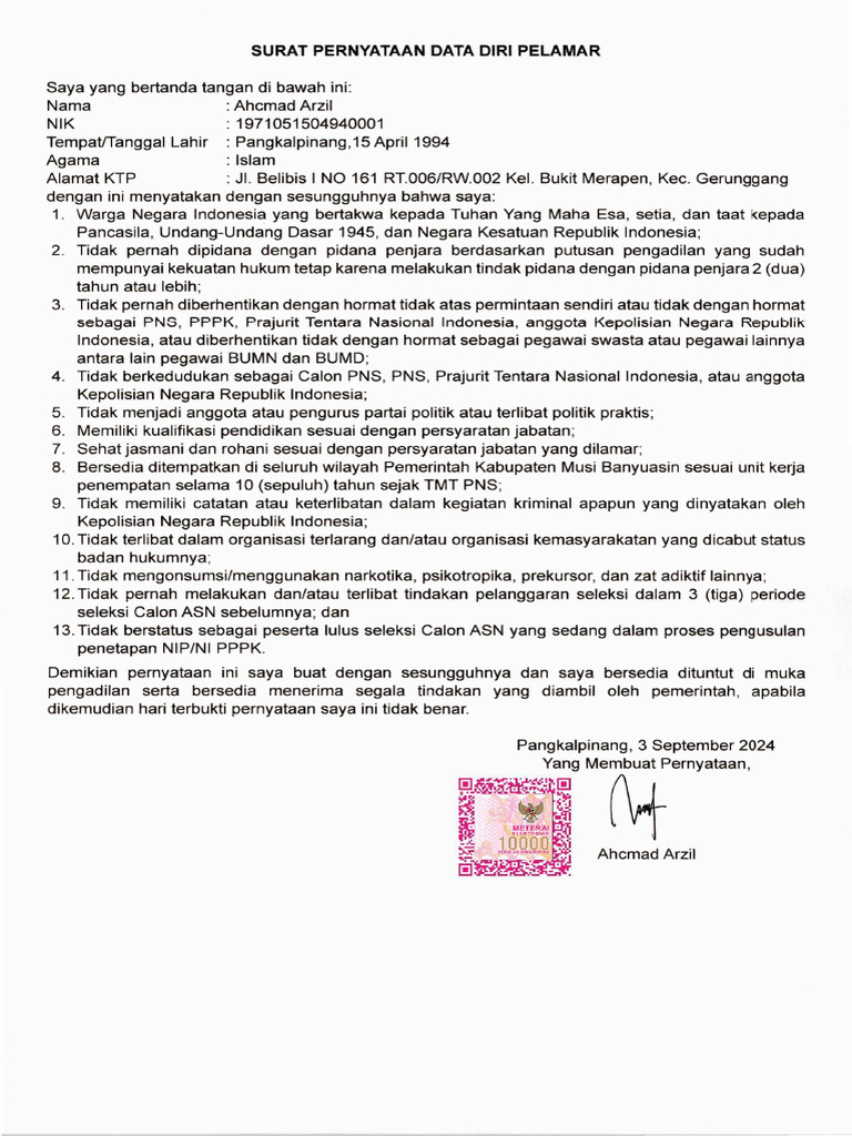 Surat Pernyatan Arzil Sudah E-materai | PDF