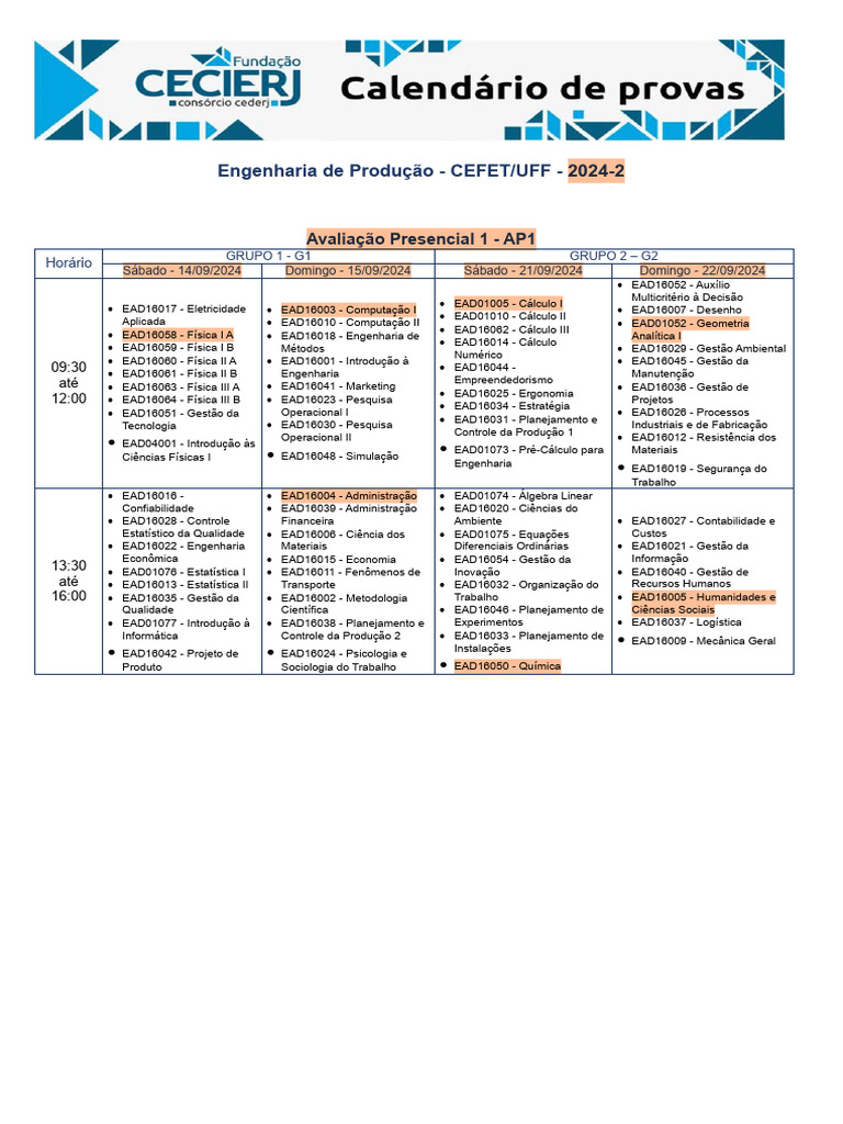 Calendário Provas EPR UFF 2024.2 | PDF