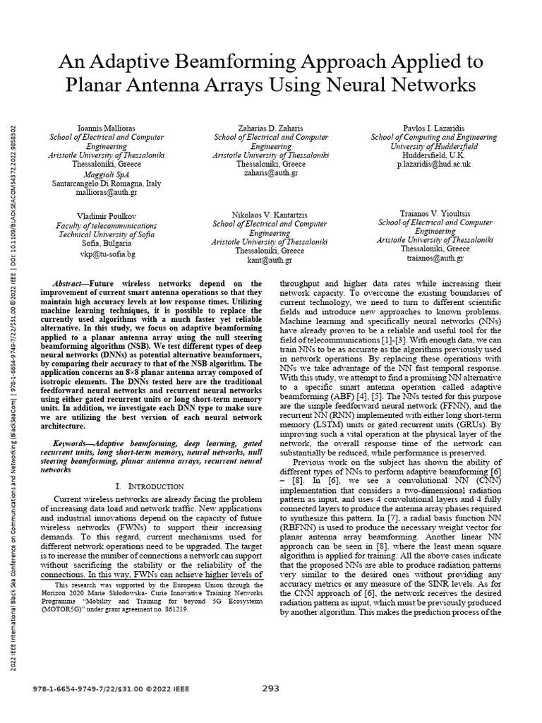 An Adaptive Beamforming Approach Applied To Planar Antenna Arrays Using Neural Networks | PDF