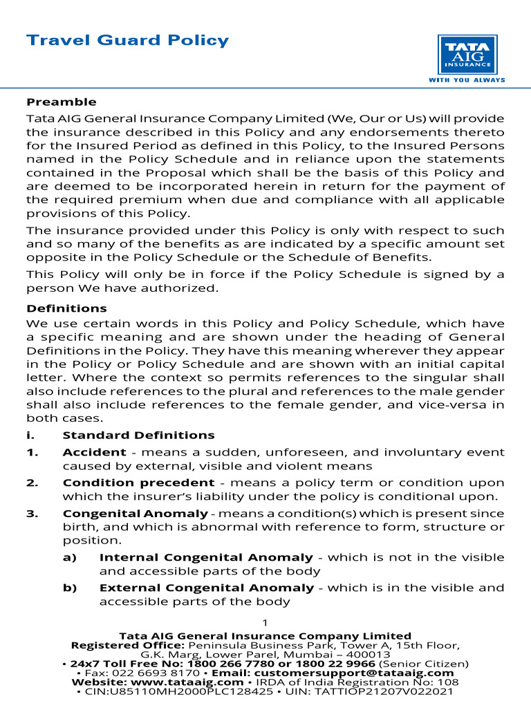 Travel Guard Policy Wording A704f86270 | PDF