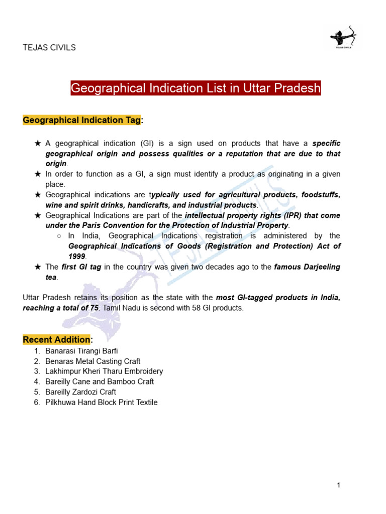 Geographical Indication (GI Tags) in Uttar Pradesh | PDF