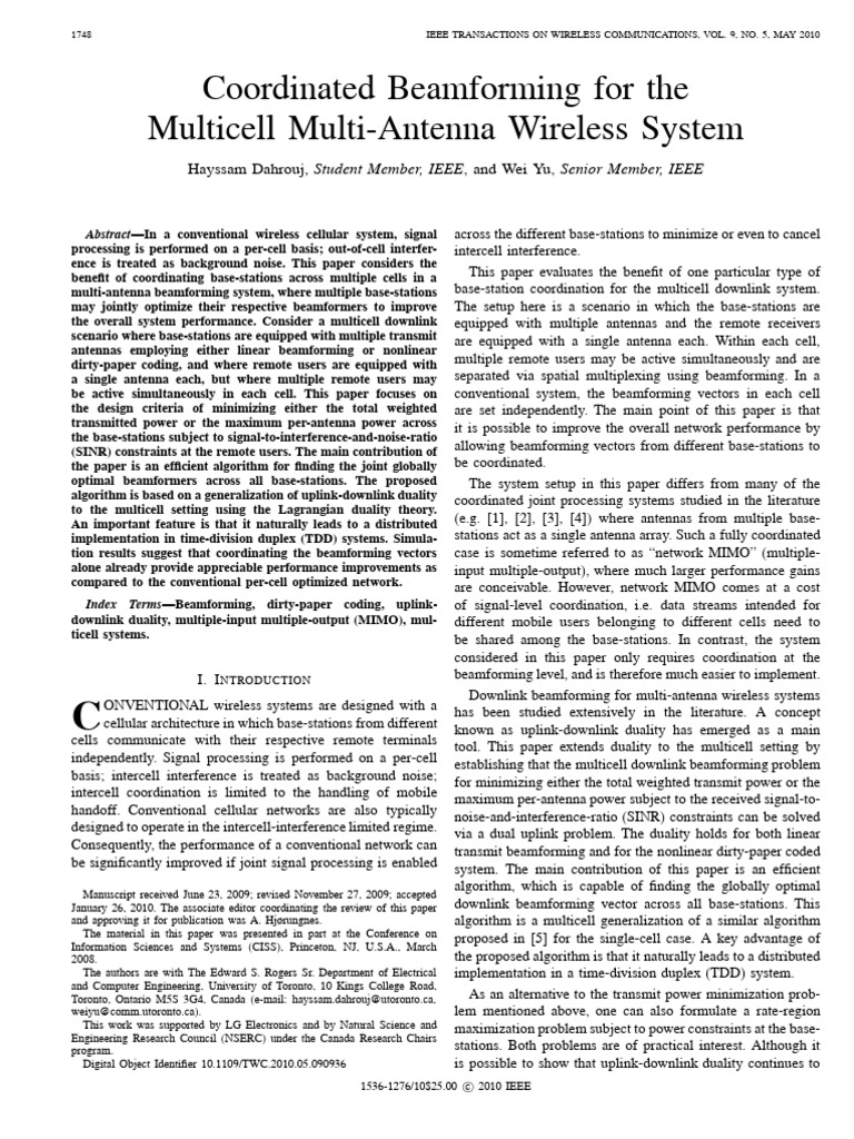 Coordinated Beamforming For The Multicell Multi-Antenna Wireless System | PDF
