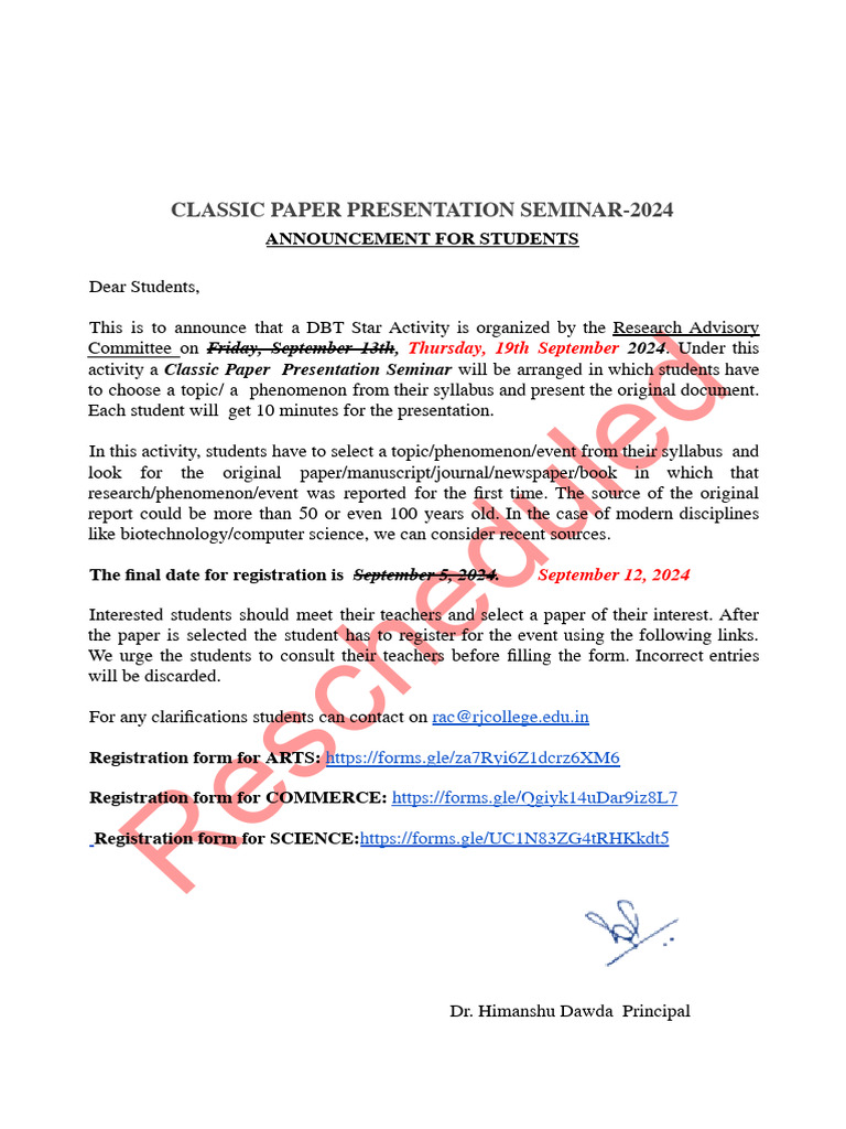 Classic Paper Presentation Student Notice | PDF