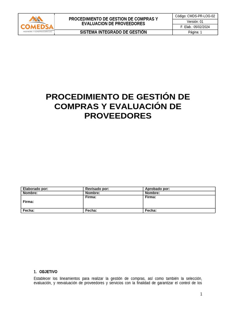 CMDS-PR-LOG-00000 Procedimiento de Gestión de Compras y Evaluacion A Proveedores | PDF