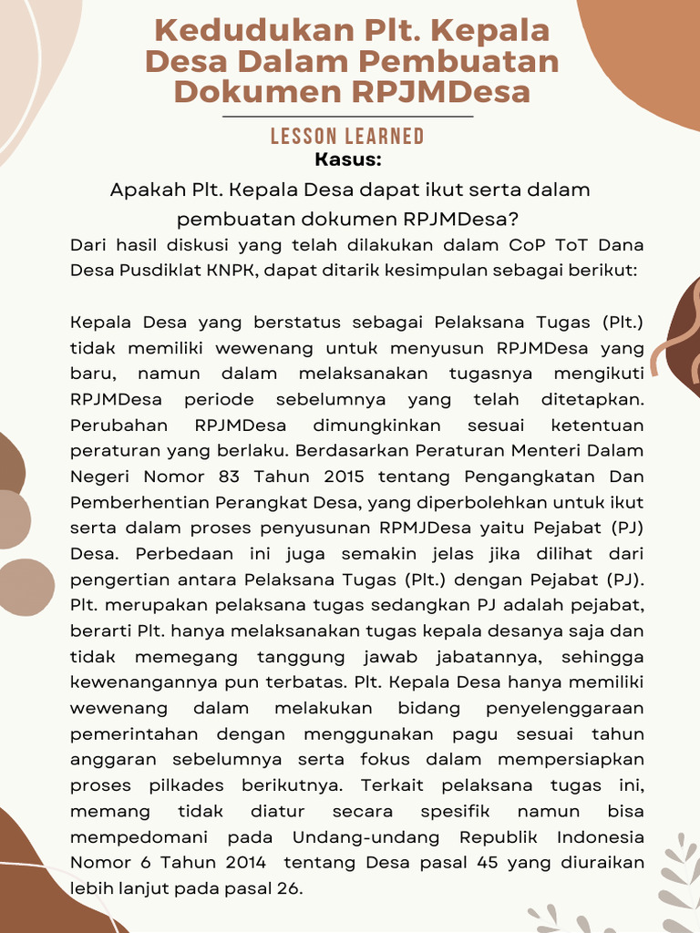 Kedudukan Plt. Kepala Desa Dalam Pembuatan Dokumen RPJMDesa | PDF