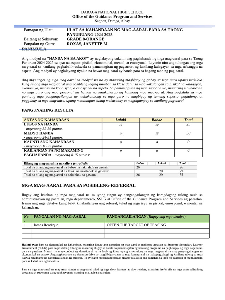 HANDA NA BA AKO REPORT Grade and Section 1 | PDF