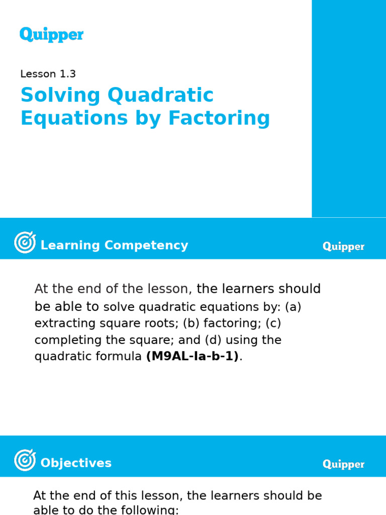 Math9 - Solving Quadratic Equations by Factoring - PPTX - 2024-2025 | PDF
