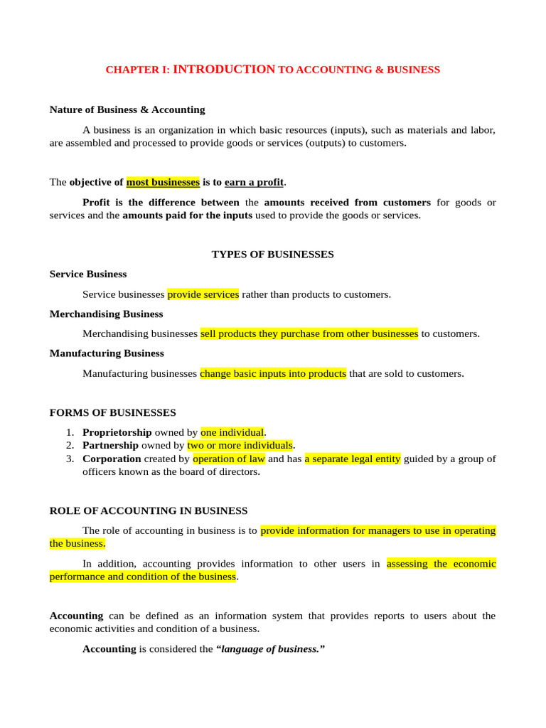 CHAPTER I_INTRODUCTION TO ACCOUNTING & BUSINESS | PDF